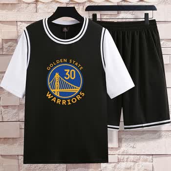 篮球服套装男库里30号球衣短袖假两件速干儿童青少年篮球运动球服 勇士库里30号黑白 2XL【适合130-150斤】