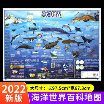 【】新升级不覆膜防反光恐龙世界+海洋世界地图百科知识地图完整版少儿高清地理百科知识挂图初中生儿童学生大尺寸墙贴地理图 海洋世界