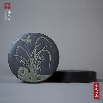 精品易水砚台圆形带盖两开圆砚《蕙质兰心》天然老坑优质玉黛石灰绿分层手工雕刻圆形学生砚实用砚收藏礼品砚