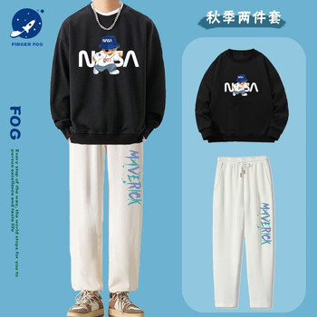 FINGER FOGFOG潮牌男装联名秋冬季两件套装男女同款圆领卫衣2022新款情侣装 黑衣+白裤（春秋款） 上衣S+裤子S【图片 价格 品牌 ...