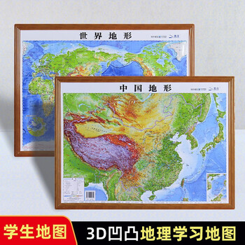 3d地图 2021新版 世界地形图中国地形图凹凸版学生 58X43厘米学生地图 中国+世界套装赠4样
