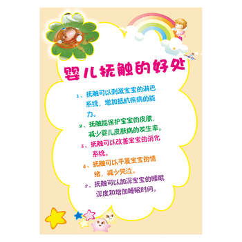 婴儿操健康宝宝按摩宣传画海报挂图婴儿抚触操图示墙贴画覆膜贴纸WSH WSE19-06 婴儿抚触的好处 70*50厘米