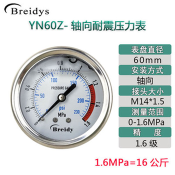 BREIDYS压力表YN60Z 轴向不锈钢耐震压力表测水压气压通用0-1.6/100MPa 1.6mpa 默认螺纹M14*1.5【图片 价格 品牌 报价】-京东