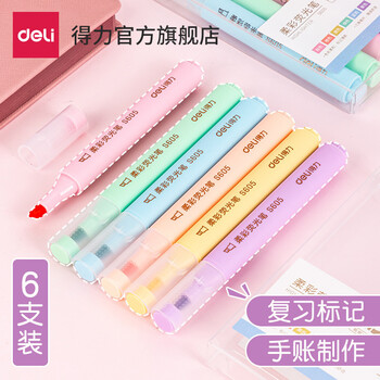 得力柔彩荧光笔学生用划重点标记笔做笔记儿童绘画斧式笔头三角笔杆马卡龙色笔杆6支彩色记号笔淡色系手账笔 得力柔彩荧光笔