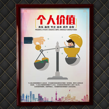 新版企业文化宣传画海报挂图标语公司办公室装饰布置PS仿红木挂墙画框IBH32 IBH32-22 个人价值 40*60cm  PS仿红木边框
