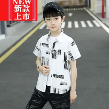 Ω安·踏联名（）男童衬衫短袖夏装2022新款儿童韩版中大童洋气衬衣纯棉6-15岁大男孩夏季潮同款 白色印花款 170cm