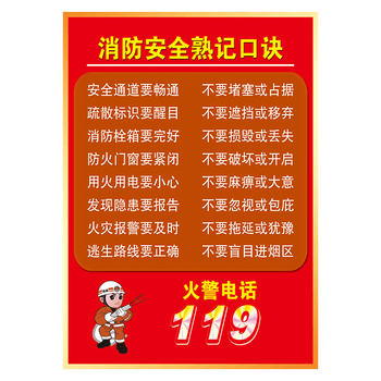 消防安全挂图海报宣传画消防安全熟记口诀展板墙贴画防水贴纸VCH VCH58 消防安全熟记口诀 80*60厘米 覆膜防水PP贴纸