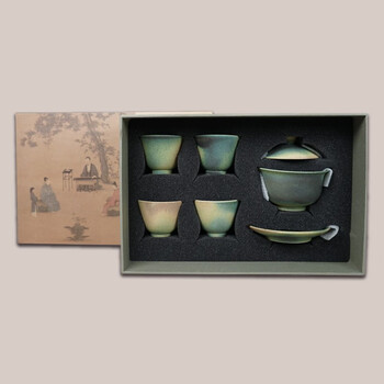 易水陶瓷精美功夫茶具客厅会客办公送礼轻奢套装汝窑茶壶一壶一公四杯简约家用泡茶茶礼套装 桃夭一盖碗四杯