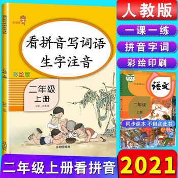 2021新版 看拼音写词语生字注音二年级上下册彩绘版 小学二年级上册下册语文拼音词语生字练习册 二年级上册