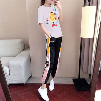 FHRU单件套装2023新款时尚运动休闲女夏季宽松裤子两件套 K印花上衣白+k42黑裤 套装 5XL 建议180-200斤【图片 价格 品牌 ...