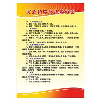消防安全挂图制度牌宣传画灭火和应急疏散预案宣传栏墙贴画覆膜防水贴纸VCH34 VCH34-02 灭火和应急疏散预案 100*70厘米 覆膜防水PP贴纸