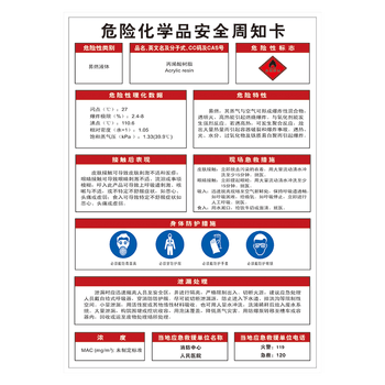 定制危险化学品安全周知卡告知卡职业病危害告知牌卡警示牌标志标示标识牌NFH NFH22 危险化学品安全周知卡 丙烯酸树脂 40*30厘米 铝板反光膜