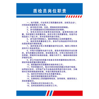 建筑施工工地规章管理制度建筑安全制度牌职责宣传画展板挂图墙贴画覆膜贴纸RDH RDH04 质检员岗位职责 70*50厘米 覆膜防水PP贴纸
