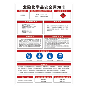 定制危险化学品宣传画安全周知卡告知卡职业病危害告知牌卡提示标示警示牌标识牌NFH NFH46 危险化学品周知卡 柴油 70*50厘米 PVC塑料板
