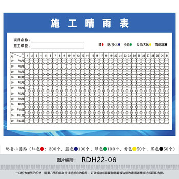 建筑施工工地制度牌新款施工晴雨表天气情况记录表提示牌墙贴画防水自粘贴纸 RDH22-06 晴雨表 120*80厘米(配套5种颜色小圆形即时贴)