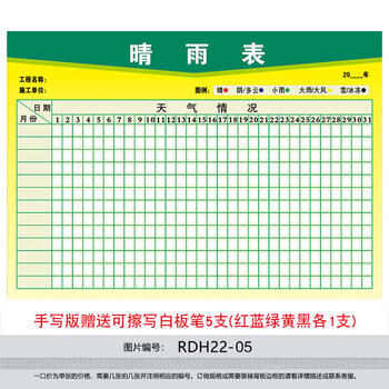 建筑工地新款通用施工晴雨表天气情况记录表公示栏墙贴画覆膜RDH22-05 覆膜防水PP贴纸(手写版送笔) 100*70厘米