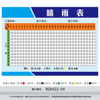 新款施工晴雨表建筑工地通用天气情况记录表公示栏墙贴画覆膜自粘贴纸RDH22-04 覆膜防水PP贴纸+小圆贴 70*50厘米
