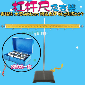 木制杠杆尺带金属挂钩 附支点杆中小学物理力学实验器材50cm力平衡原理实木质直尺中考初中教学仪器演示 【大号铁支架】木质杠杆带挂钩【附50g*10钩码】