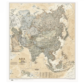 亚洲地图 仿古复古美国国家地理版墙贴 卷筒无折痕