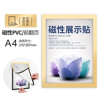 磁性展示贴磁力贴片磁吸展示框课程表吸铁文件框奖状保护墙营业执照相框贴墙海报中介公告栏磁铁广告框牌 A4金色