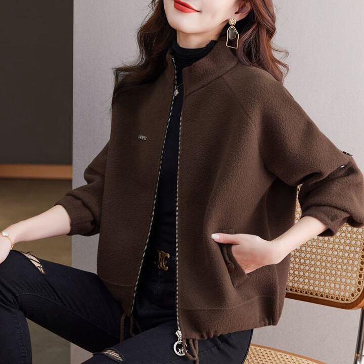 歌米拉（Gemila）短外套女春秋立领棒球服2026新款宽松百搭毛呢大衣女装夹克上衣 咖色 M【图片 价格 品牌 报价】-京东