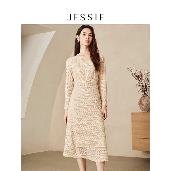 JESSIE简约V领定位印花显瘦抽褶长袖连衣裙秋冬新 驼色 S【图片 价格 品牌 报价】-京东