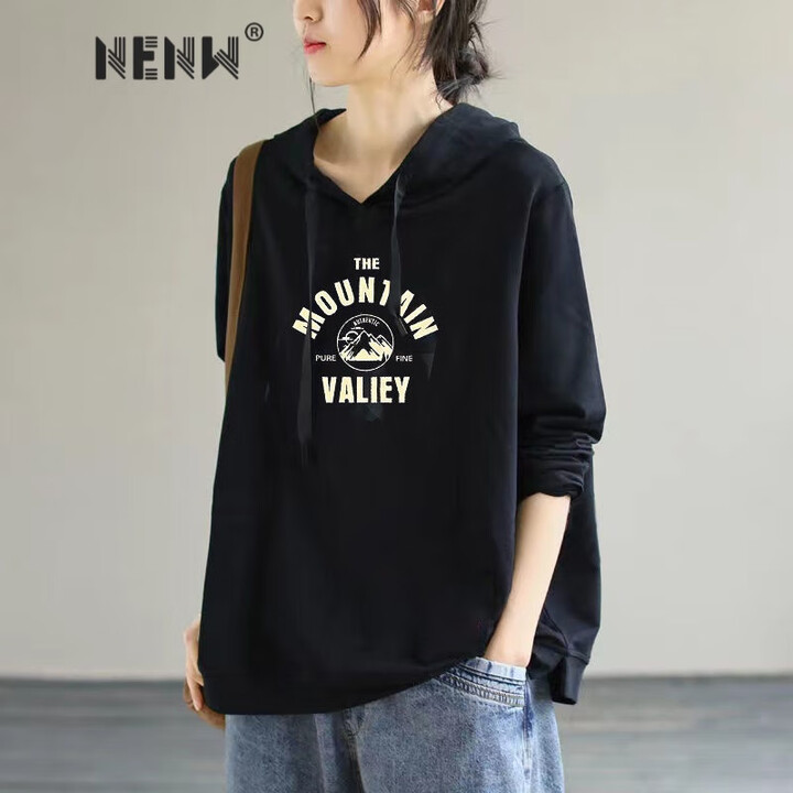 NENW 轻奢棉长袖T恤杉春秋韩版休闲百搭连帽打底上衣卫衣女 黑色【MOUNTAIN】 L 建议90-110斤【图片 价格 品牌 报价】-京东