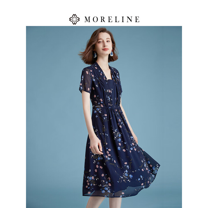 MORELINE沐兰高级感小众印花压褶连衣裙2024夏装新款修身高腰A字裙中长款 兰粉花 3XL【图片 价格 品牌 报价】-京东
