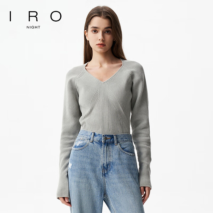 IRO NIGHT 23早秋新款法式v领长袖竖条纹纯色休闲针织衫上衣 浅灰 S【图片 价格 品牌 报价】-京东