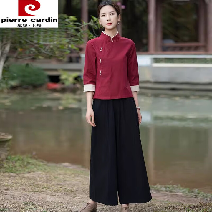 皮尔卡丹（pierre cardin）中国风禅意女装汉服改良版旗袍上衣棉麻茶服复古唐装居士服两件套 套装(308酒红色上衣+黑色裤) 2XL ...
