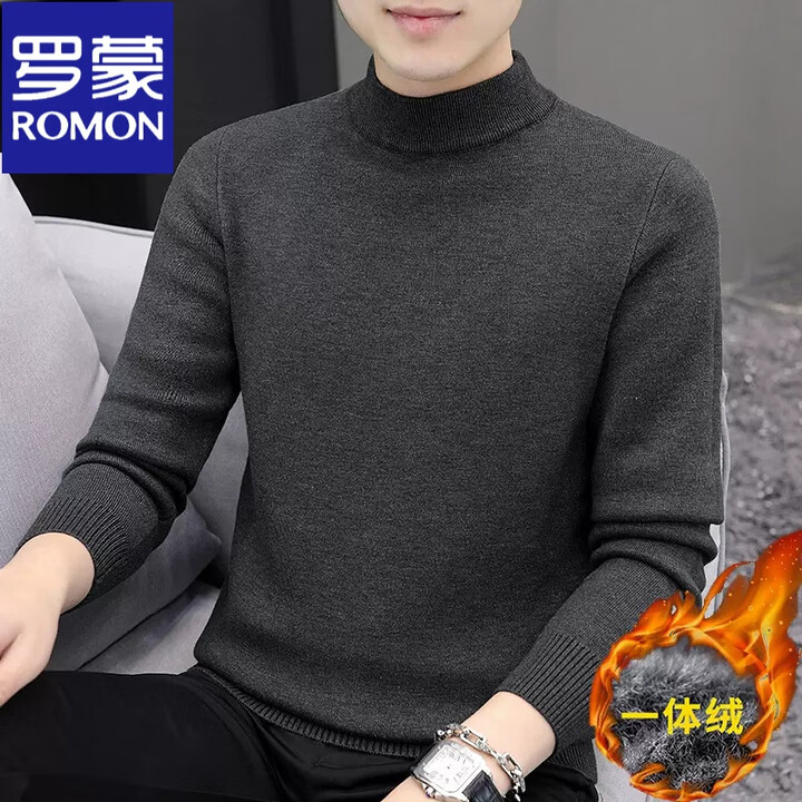 罗蒙（ROMON）半高领毛衣男士秋冬季加绒加厚中领羊.绒保暖羊.毛衫打底针织上衣 加绒 深灰(一体绒全身) 2XL【图片 价格 品牌 报价】-京东