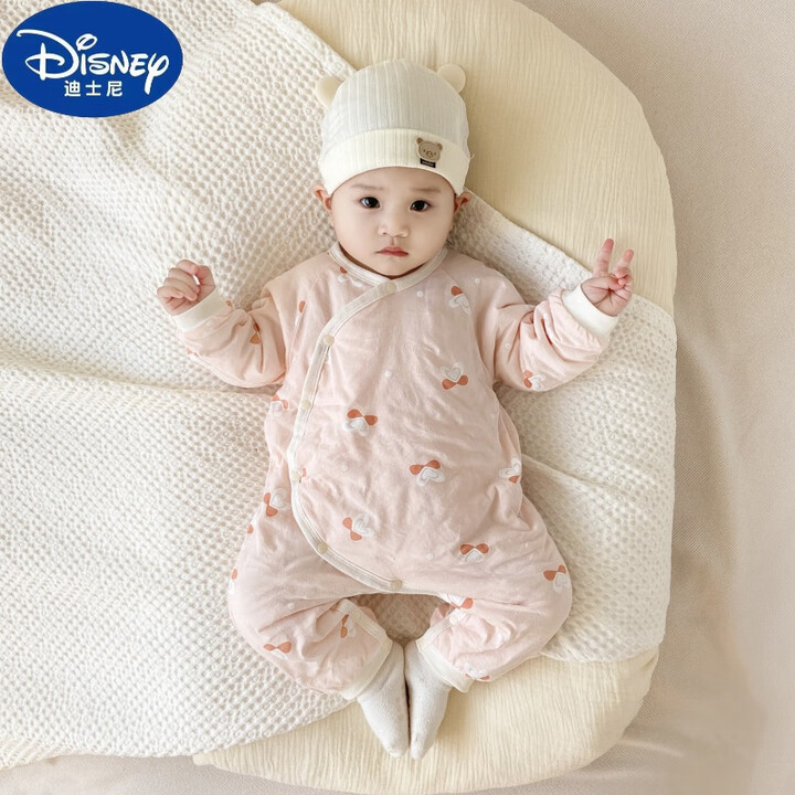 迪士尼（Disney）婴儿春秋衣服新生儿纯棉护肚连体衣宝宝夹棉哈衣打底薄棉爬服棉衣 粉红色 蝴蝶结护肚夹棉 59cm【图片 价格 品牌 报价】-京东
