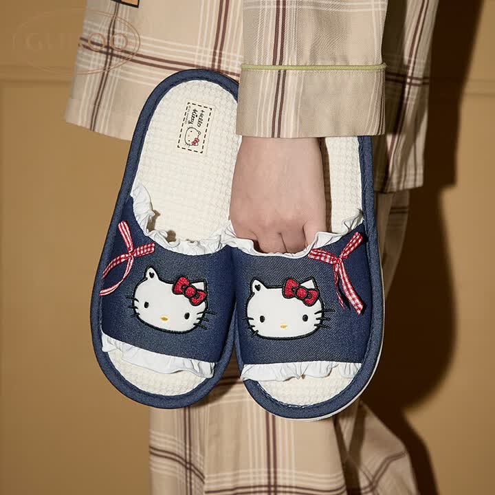 【果壳（Gukoo）825024921H02】果壳（Gukoo）拖鞋女春夏HelloKitty新款平底女士居家亚麻拖鞋 深牛仔蓝 38-39 ...