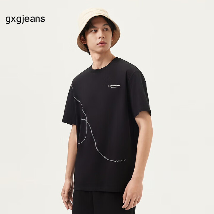 【gxg.jeansJ25D442005】gxg.jeans男装 夏新款个性线条简约时尚宽松男士圆领短袖T恤 黑色 180/XL【行情 报价 价格 评测】-京东