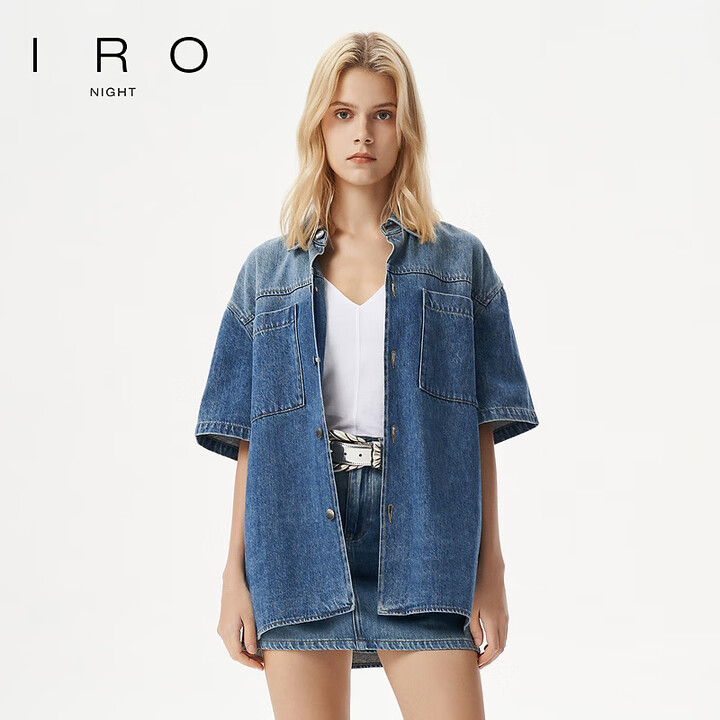 IRO NIGHT 渐变牛仔短袖衬衫宽松单排扣法式轻奢24初秋新款 牛仔蓝 34【图片 价格 品牌 报价】-京东