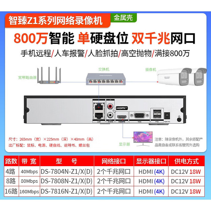海康威视智能1盘位4/8/16路硬盘录像机监控主机DS-7804N-Z1/X(C) DS-7800N-Z1/X(D)系列 8TB 4【图片 ...