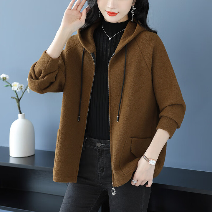 歌米拉（Gemila）毛呢外套女装纯色春秋短款2025新款拉链宽松休闲连帽厚开衫 咸菜绿 XL 【建议 120-130斤】【图片 价格 品牌 ...