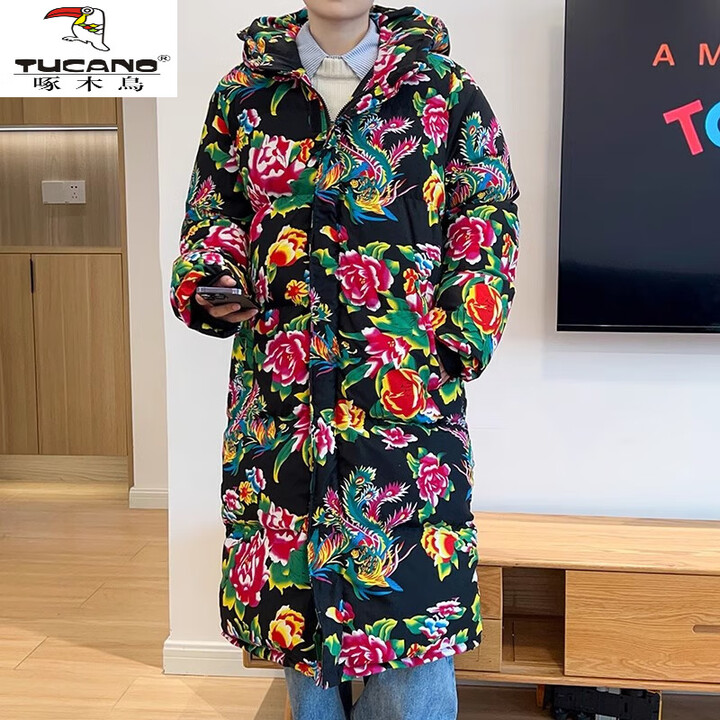 啄木鸟（TUCANO）东北大花袄套装男款冬季加厚大码棉衣网红情侣国潮牡丹花棉袄棉裤 A5-黑色【中长款连帽单棉衣】 M 【80-100斤 ...