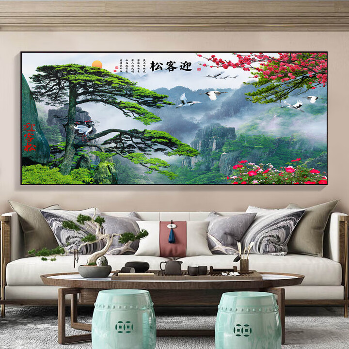 菲伦美农村中堂山水挂画2025新款客厅装饰风景沙发背景墙壁流水生财字画 松鹤延年 迎客松 有机玻璃+防潮背板 尺寸：280*110CM 黑框 ...