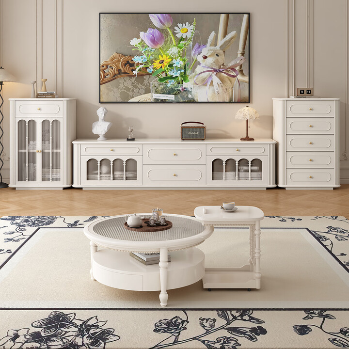 南创纯实木法式奶油风落地电视柜茶几客厅白色高级感复古美式储物柜新 纯实木-落地电视柜2.2米 60CM高【图片 价格 品牌 报价】-京东