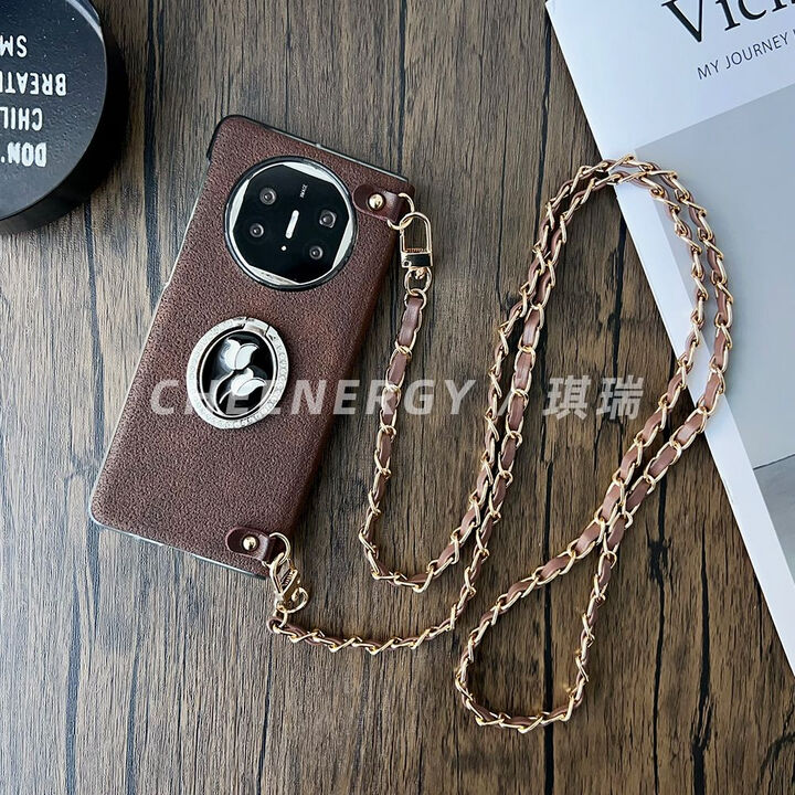 适用华为matex6手机壳x5翻盖皮套典藏版带斜跨挂绳mate [翻盖皮套]月坑棕+棕色金属编织斜跨链 华为 Mate X5 典藏版【图片 ...