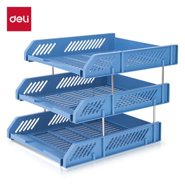 【得力（deli）9209】得力（deli）三层镂空收纳文件座自由拆卸组装三层文件盘/文件框 资料收纳桌面文件管理 蓝色9209【行情 报价 ...