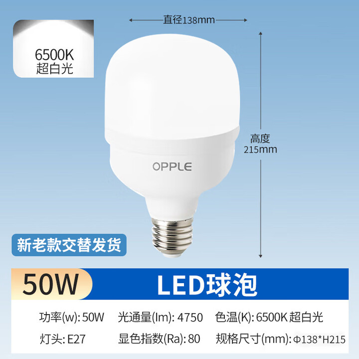 【欧普照明灯泡】欧普照明（OPPLE）LED球泡E27螺口灯泡【50w-超白光6500K】1只装 大功率光源超亮高显色球泡【行情 报价 价格 ...