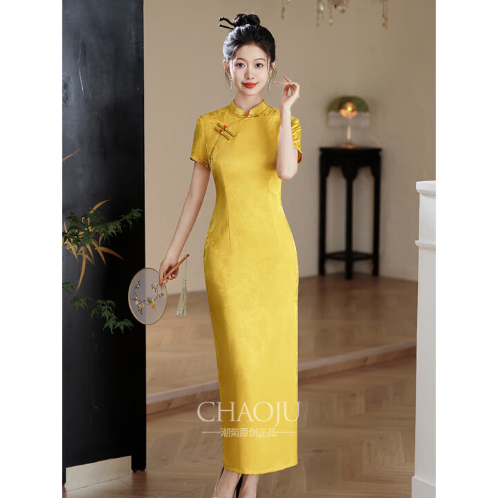 潮菊（CHAOJU）绿色旗袍高考送考夏季2025新款新中式改良年轻款绝美日常可穿素雅 金黄色 XL【图片 价格 品牌 报价】-京东