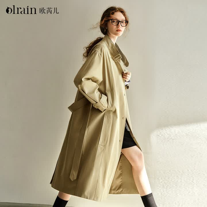 【OlrainN57CF96225】Olrain欧芮儿宽松长款风衣外套春秋女装时尚通勤英伦风上衣 卡其色 L【行情 报价 价格 评测】-京东