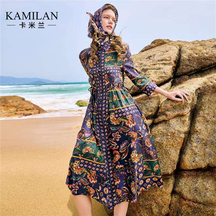 卡米兰（kamilan）[桑蚕丝]海边度假真丝连衣裙女2025夏新款印花中长款A字裙 花色 L【图片 价格 品牌 报价】-京东