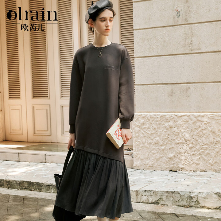 【OlrainN56QL95009】Olrain欧芮儿休闲卫衣连衣裙女装秋冬拼接长裙 碳灰色（第二批次） XL【行情 报价 价格 评测】-京东