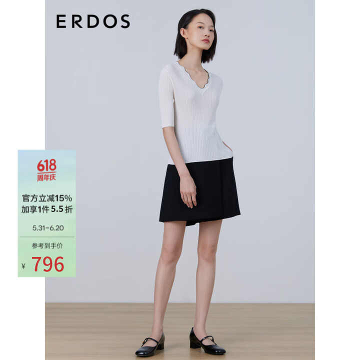 ERDOS 春夏波浪边设计V领半袖女桑蚕丝抽条针织衫 白 S 155/80A【图片 价格 品牌 报价】-京东