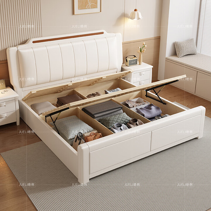 绝例现代简约实木床1.8米x2米主卧双人大床1.5x2米2.2米极简风储物床 气压储物结构 1.8*2m 床+10cm环保乳胶棕垫+2柜【图片 ...