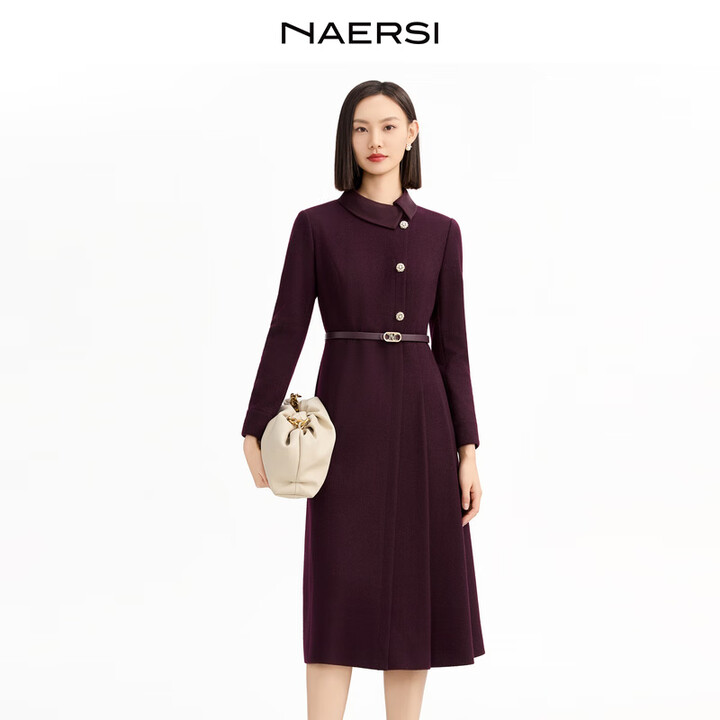 娜尔思（NAERSI）商场同款绵羊毛连衣裙修身显瘦2025年冬季新款（配腰带） 灰红色 M【图片 价格 品牌 报价】-京东